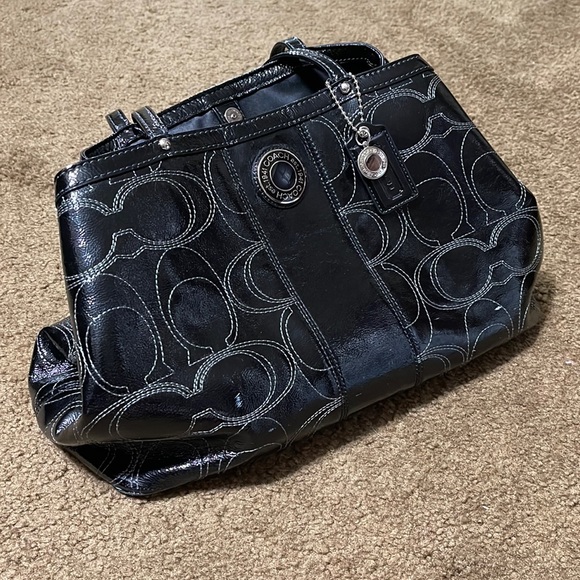 Coach | Bags | Coach Signature Stripe F9215 Black Patent Leather ...